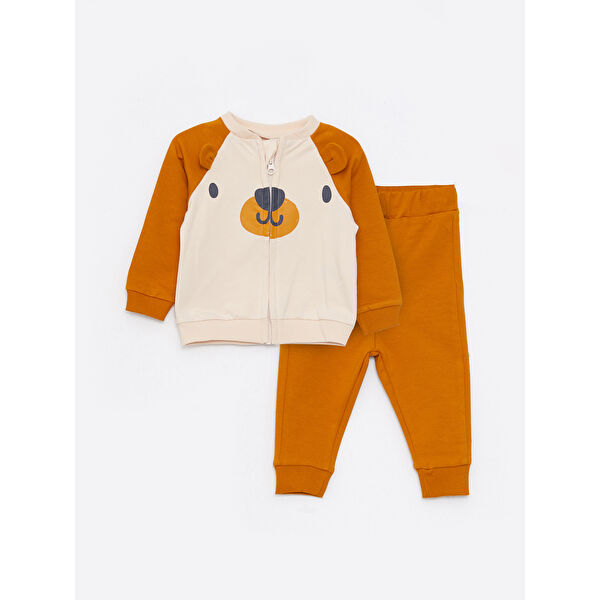 Bisiklet Yaka Uzun Kollu Baskılı Erkek Bebek Fermuarlı Sweatshirt ve Pantolon 2'li Takım