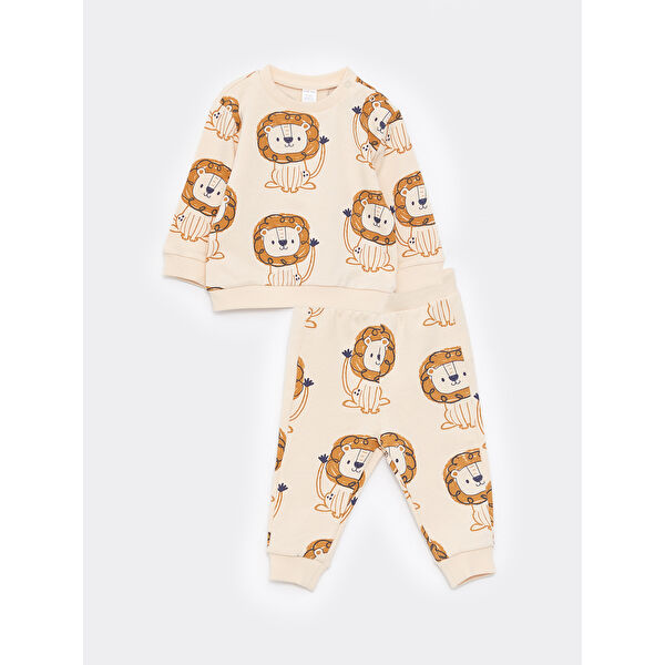 Bisiklet Yaka Uzun Kollu Baskılı Pamuklu Erkek Bebek Sweatshirt ve Pantolon 2'li Takım