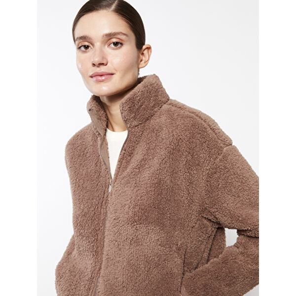 Dik Yaka Düz Uzun Kollu Polar Kadın Spor Hırka