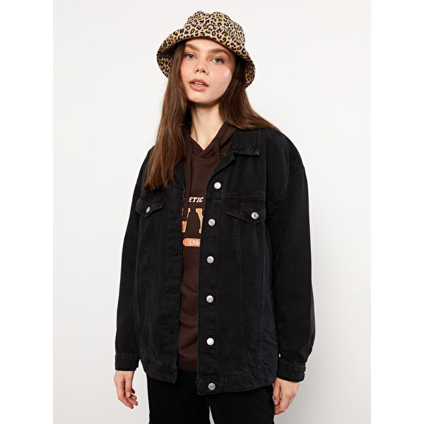 Gömlek Yaka Düz Uzun Kollu Kadın Jean Ceket