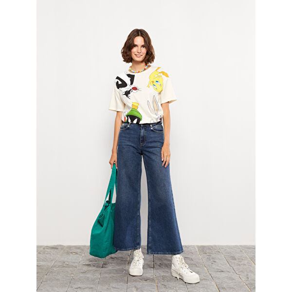 Yüksek Bel Wideleg Düz Kadın Jean Pantolon