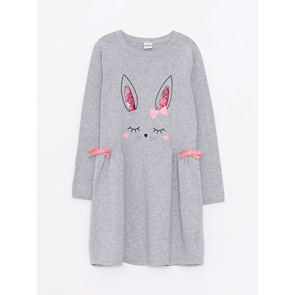 Bisiklet Yaka Desenli Uzun Kollu Kız Çocuk Triko Elbise