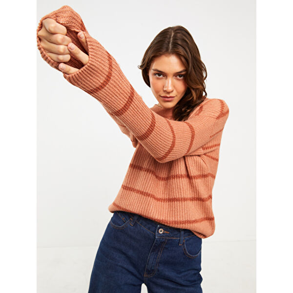 Bisiklet Yaka Çizgili Uzun Kollu Kadın Triko Kazak Bisiklet Yaka Çizgili Uzun Kollu Kadın Triko Kazak