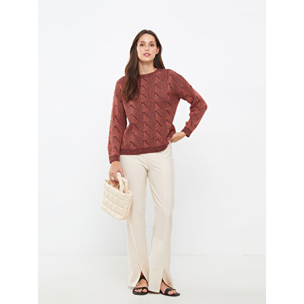 Bisiklet Yaka Kendinden Desenli Uzun Kollu Kadın Triko Kazak