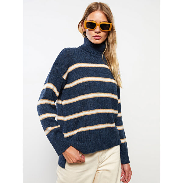 Balıkçı Yaka Çizgili Uzun Kollu Kadın Triko Kazak Balıkçı Yaka Çizgili Uzun Kollu Kadın Triko Kazak