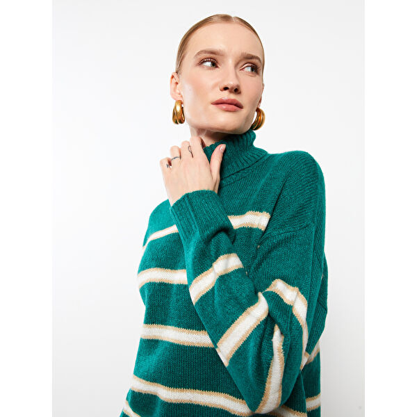 Balıkçı Yaka Çizgili Uzun Kollu Kadın Triko Kazak