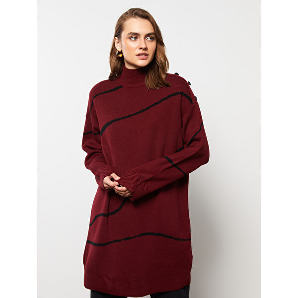 Dik Yaka Desenli Uzun Kollu Kadın Triko Tunik