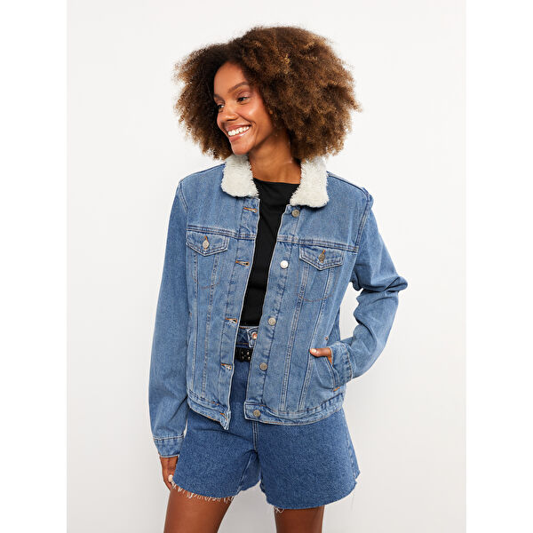 Gömlek Yaka Düz Uzun Kollu Kadın Jean Ceket