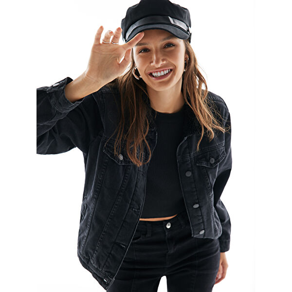 Gömlek Yaka Düz Uzun Kollu Kadın Jean Ceket