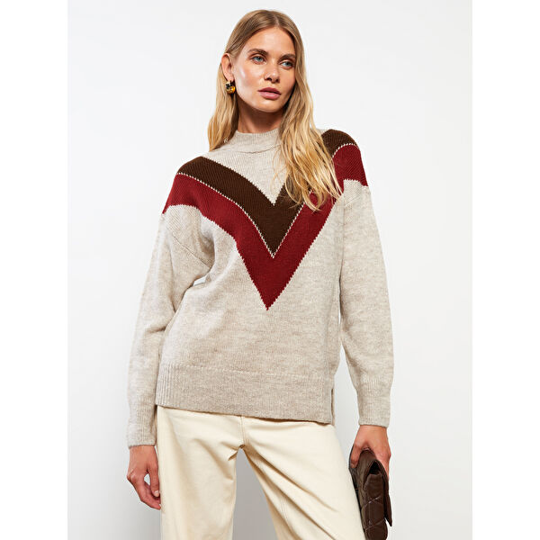 Yarım Balıkçı Yaka Desenli Uzun Kollu Kadın Triko Kazak