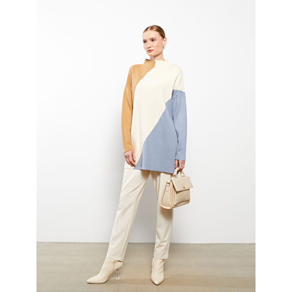 Dik Yaka Renk Bloklu Uzun Kollu Kadın Triko Tunik Dik Yaka Renk Bloklu Uzun Kollu Kadın Triko Tunik