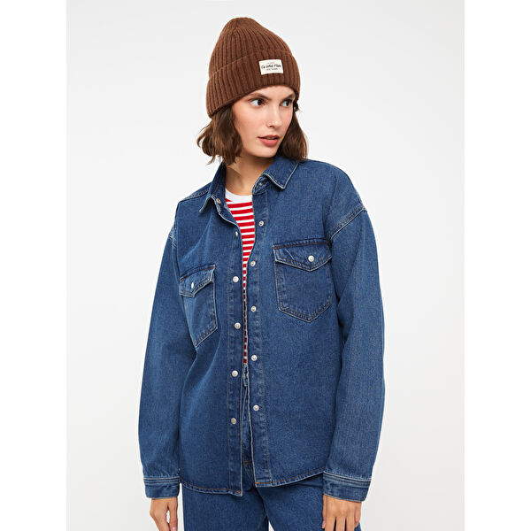 Düz Uzun Kollu Kadın Jean Gömlek Ceket