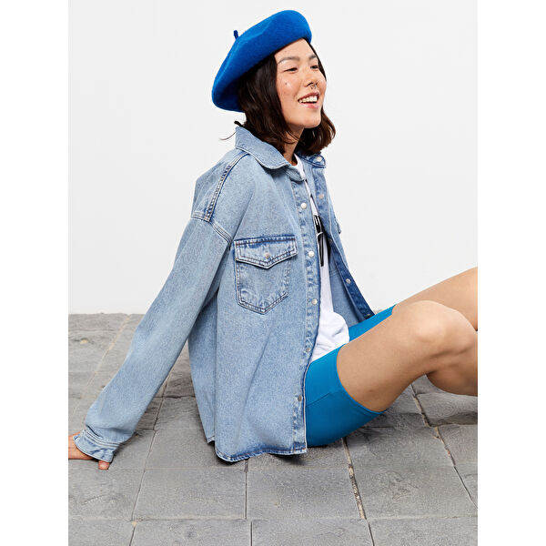 Düz Uzun Kollu Kadın Jean Gömlek Ceket