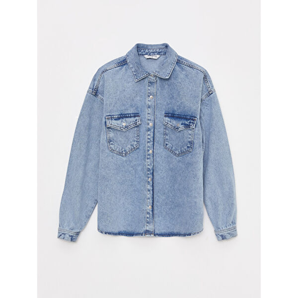 Düz Uzun Kollu Kadın Jean Gömlek Ceket