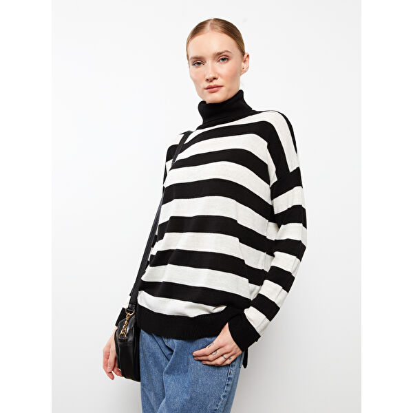 Balıkçı Yaka Çizgili Uzun Kollu Kadın Triko Kazak