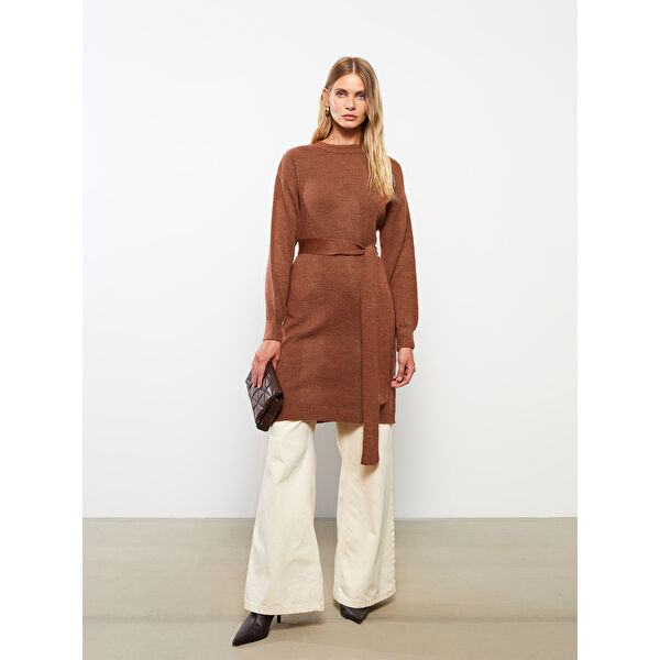 Bisiklet Yaka Düz Uzun Kollu Kadın Triko Elbise Bisiklet Yaka Düz Uzun Kollu Kadın Triko Elbise