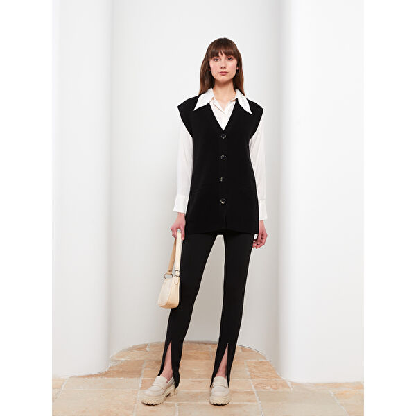 V Yaka Düz Kadın Triko Yelek