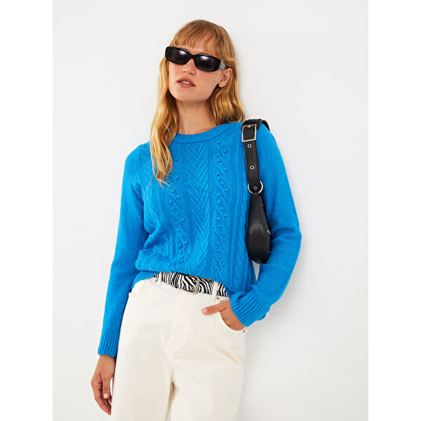 Bisiklet Yaka Kendinden Desenli Uzun Kollu Kadın Triko Kazak