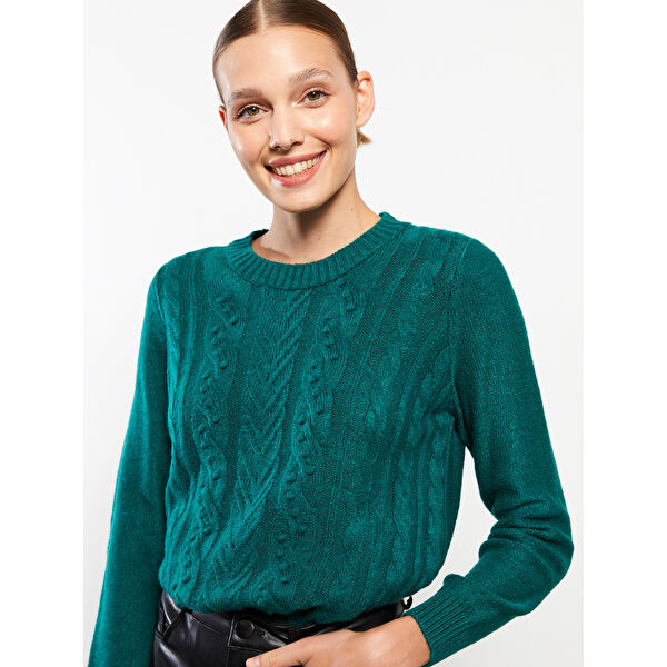 Bisiklet Yaka Kendinden Desenli Uzun Kollu Kadın Triko Kazak