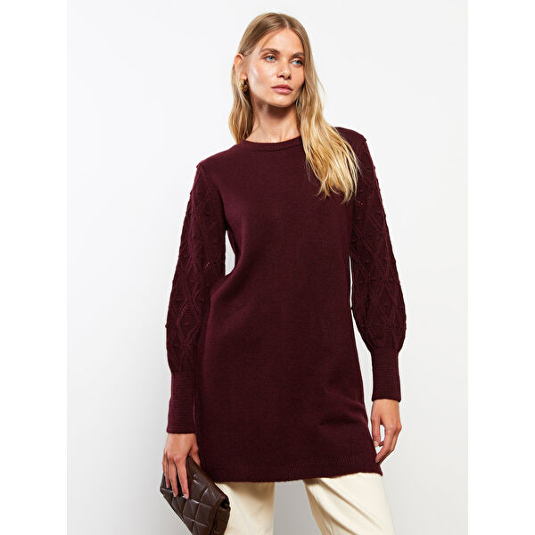 Bisiklet Yaka Kendinden Desenli Uzun Kollu Kadın Triko Tunik Bisiklet Yaka Kendinden Desenli Uzun Kollu Kadın Triko Tunik