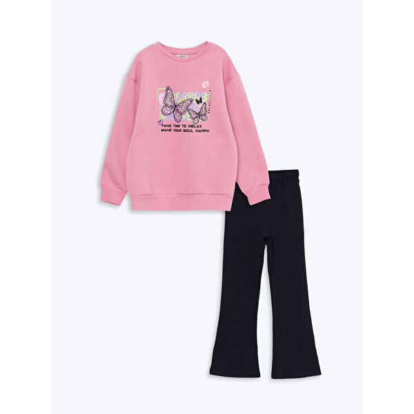 Bisiklet Yaka Baskılı Uzun Kollu Kız Çocuk Sweatshirt ve Tayt
