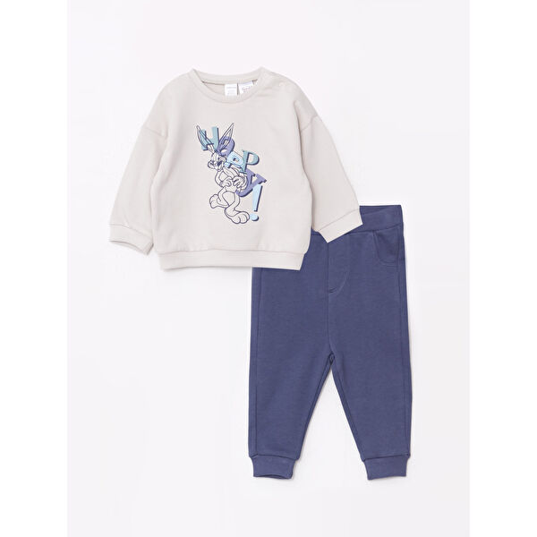 Bisiklet Yaka Uzun Kollu Bugs Bunny Baskılı Erkek Bebek Sweatshirt ve Pantolon 2'li Takım