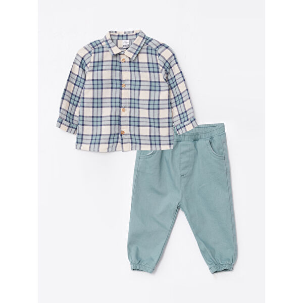 Uzun Kollu Ekose Desenli Erkek Bebek Gömlek ve Pantolon 2'li Takım