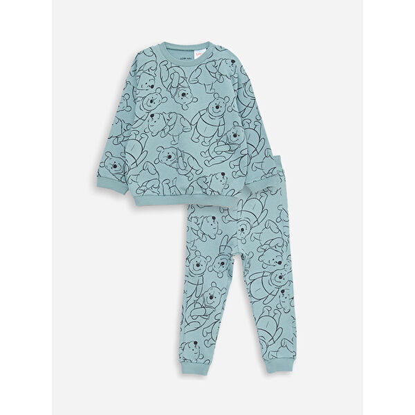 Bisiklet Yaka Uzun Kollu Winnie the Pooh Baskılı Erkek Bebek Sweatshirt ve Pantolon 2'li Takım