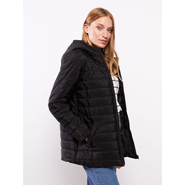 Kapüşonlu Düz Uzun Kollu Kadın Mont