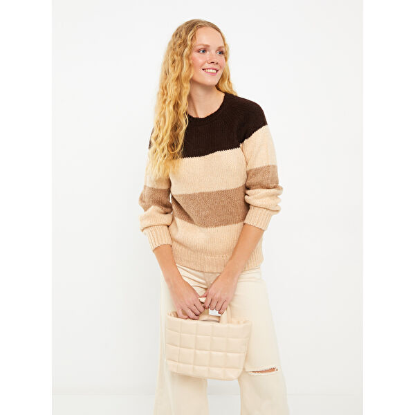 Bisiklet Yaka Renk Bloklu Uzun Kollu Kadın Triko Kazak