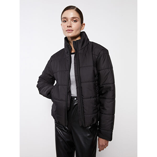 Dik Yaka Düz Uzun Kollu Kadın Mont