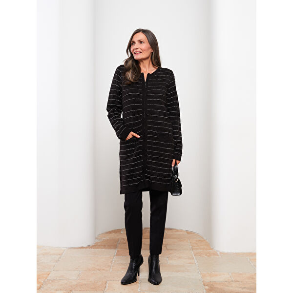 Bisiklet Yaka Çizgili Uzun Kollu Kadın Triko Hırka Bisiklet Yaka Çizgili Uzun Kollu Kadın Triko Hırka