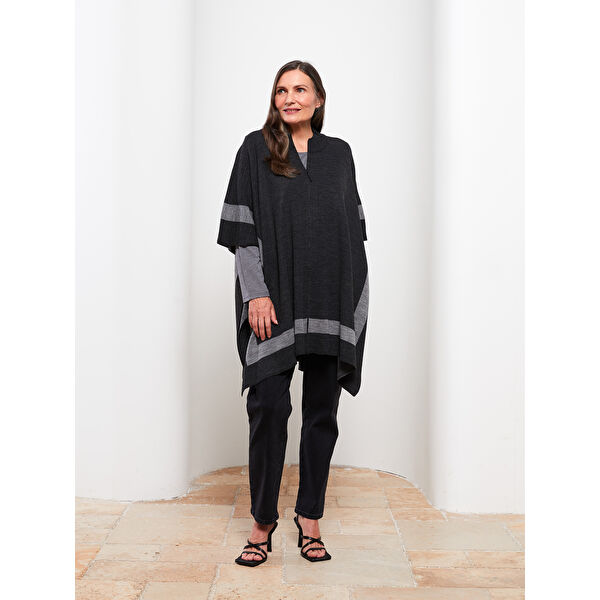 Dik Yaka Düz Kadın Triko Panço