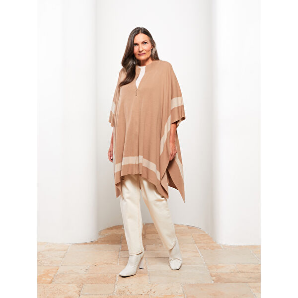 Dik Yaka Düz Kadın Triko Panço