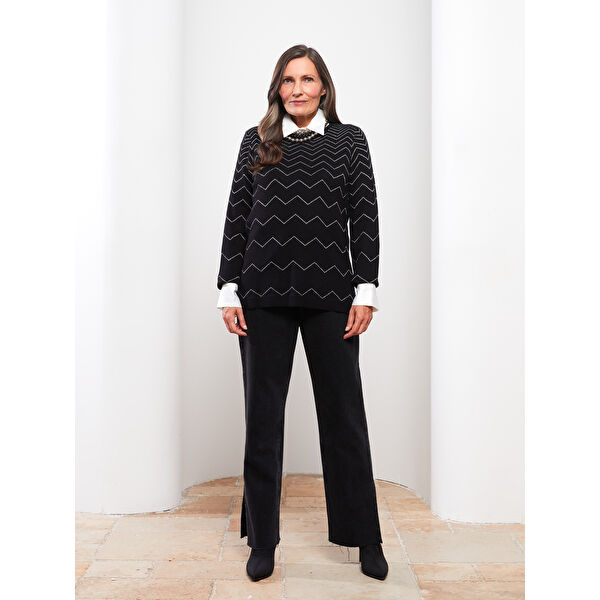 Bisiklet Yaka Desenli Uzun Kollu Kadın Triko Kazak