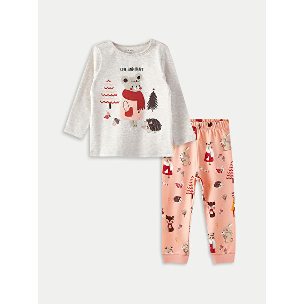 Bisiklet Yaka Uzun Kollu Baskılı Kız Bebek Pijama Takımı