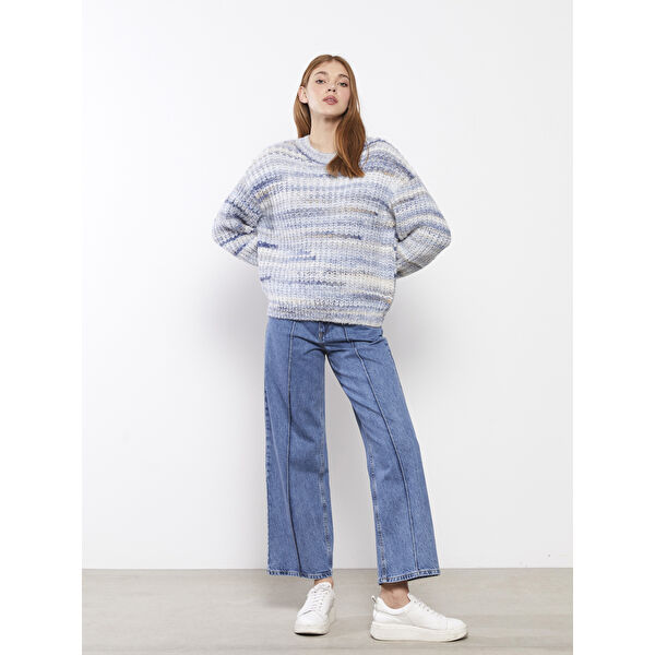 Bisiklet Yaka Kendinden Desenli Uzun Kollu Oversize Kadın Triko Kazak