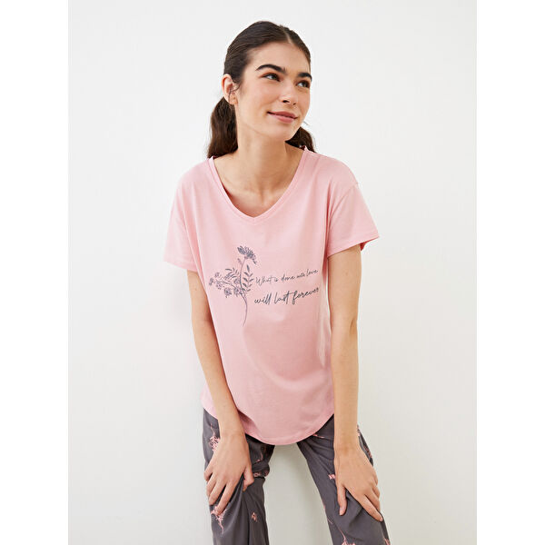 V Yaka Baskılı Kısa Kollu Pamuklu Kadın Pijama Takımı