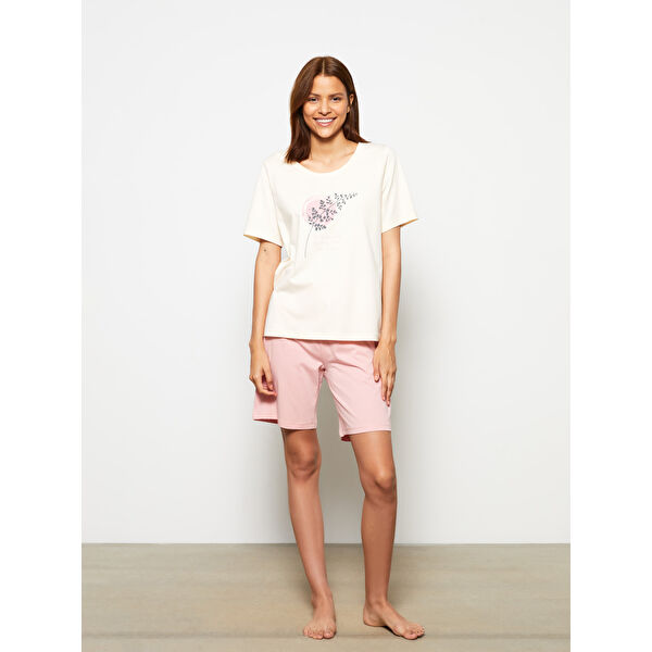 Bisiklet Yaka Baskılı Kısa Kollu Pamuklu Kadın Pijama Takımı Bisiklet Yaka Baskılı Kısa Kollu Pamuklu Kadın Pijama Takımı