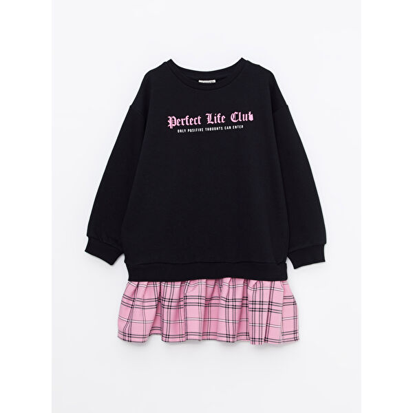 Bisiklet Yaka Baskılı Uzun Kollu Kız Çocuk Elbise