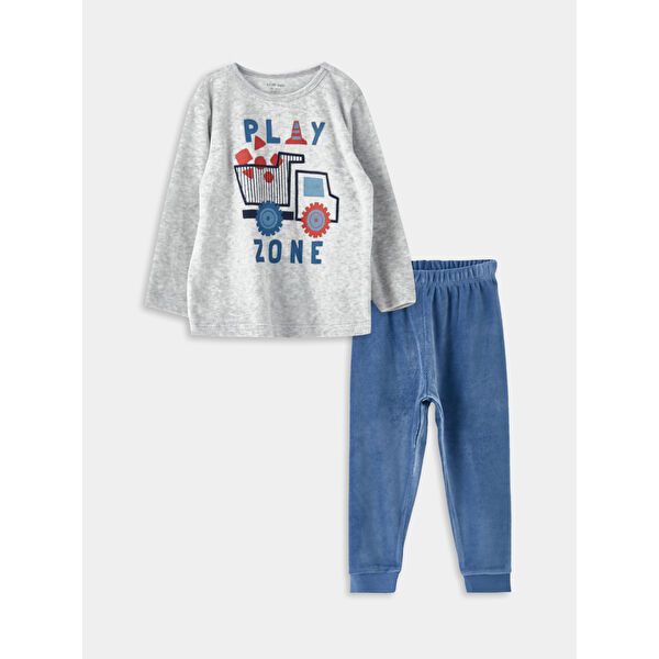 Bisiklet Yaka Uzun Kollu Baskılı Erkek Bebek Kadife Pijama Takımı