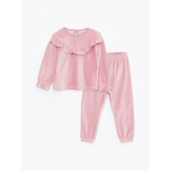 Bisiklet Yaka Uzun Kollu Basic Kız Bebek Kadife Sweatshirt ve Pantolon 2'li Takım Bisiklet Yaka Uzun Kollu Basic Kız Bebek Kadife Sweatshirt ve Pantolon 2'li Takım