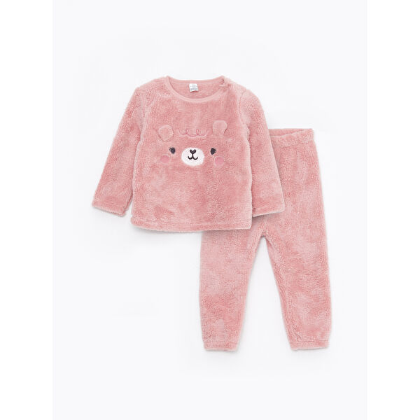 Bisiklet Yaka Uzun Kollu Nakış Detaylı Kız Bebek Polar Pijama Takımı Bisiklet Yaka Uzun Kollu Nakış Detaylı Kız Bebek Polar Pijama Takımı