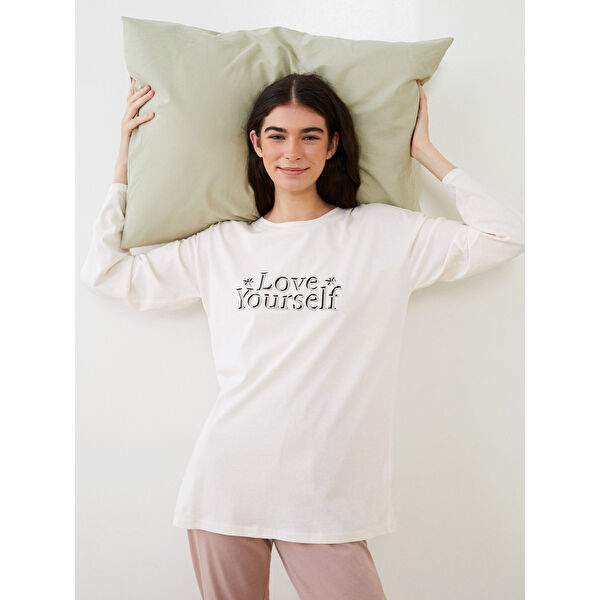 Bisiklet Yaka Baskılı Uzun Kollu Pamuklu Kadın Pijama Takımı Bisiklet Yaka Baskılı Uzun Kollu Pamuklu Kadın Pijama Takımı