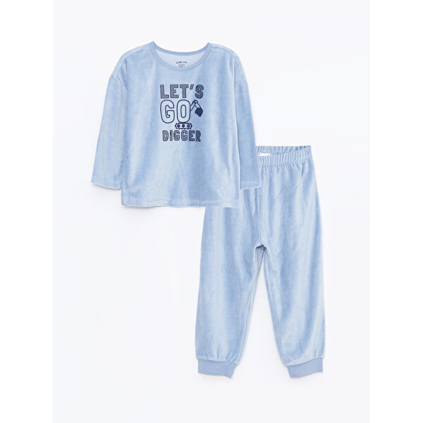 Bisiklet Yaka Uzun Kollu Baskılı Erkek Bebek Kadife Pijama Takımı