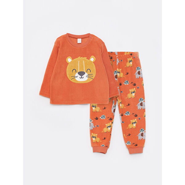 Bisiklet Yaka Uzun Kollu Desenli Erkek Bebek Polar Pijama Takımı 2'li