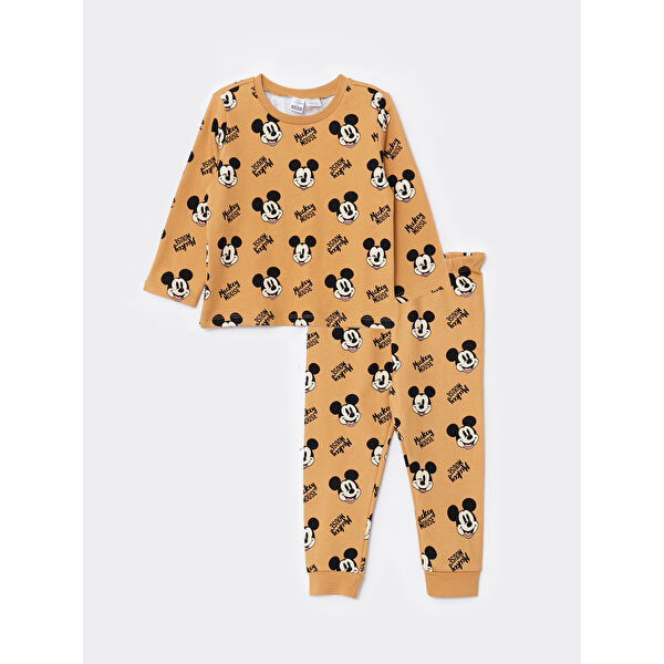 Bisiklet Yaka Uzun Kollu Mickey Mouse Baskılı Erkek Bebek Pijama Takımı