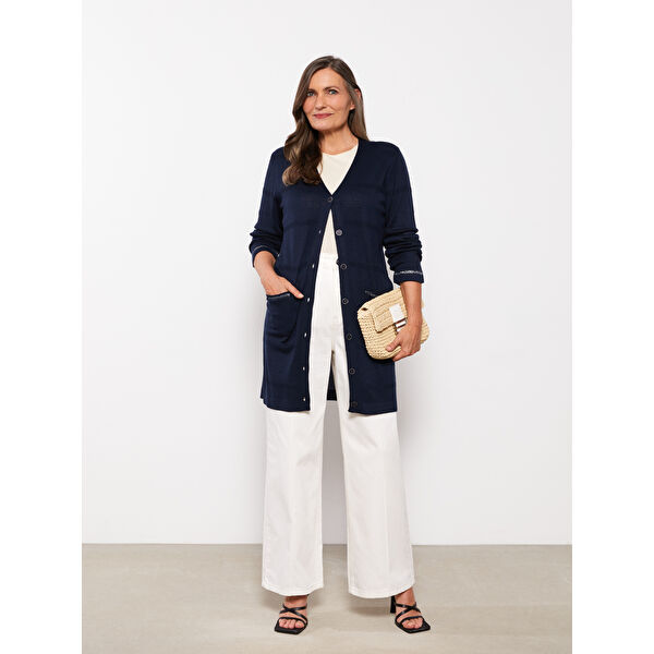 V Yaka Kendinden Desenli Uzun Kollu Kadın Triko Hırka V Yaka Kendinden Desenli Uzun Kollu Kadın Triko Hırka