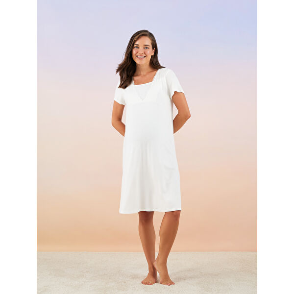 V Yaka Düz Kısa Kollu Hamile Gecelik