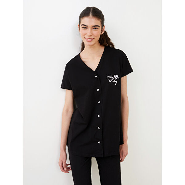 V Yaka Nakışlı Kısa Kollu Pamuklu Hamile Pijama Takımı